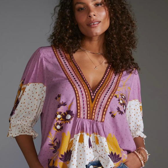 Anthropologie | Tops | Blnk Stephanie Top In Purple Floral Vneck Womens ...